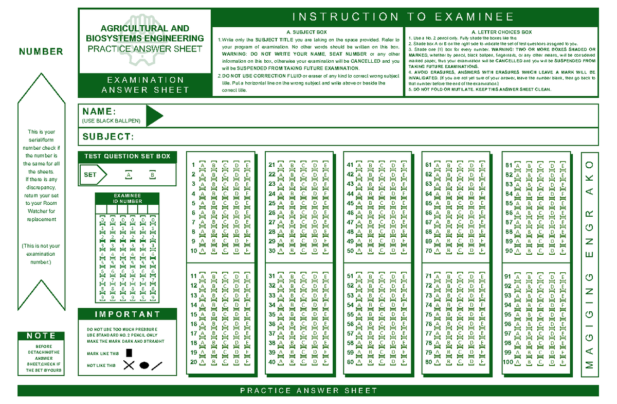 PRC Practice Answer Sheet - NAME: (USE BLACK BALLPEN) EXAMINEE ID NUMBER 1 2 3 4 5 6 7 8 9 10 11 ...