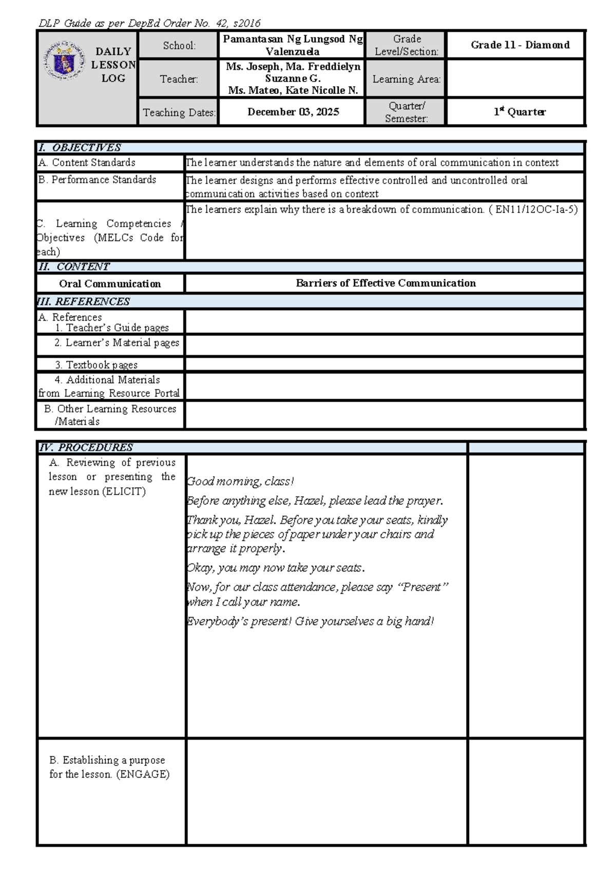 DLP Format for Oral Communication Lesson Plan (DepEd Order No. 42 ...