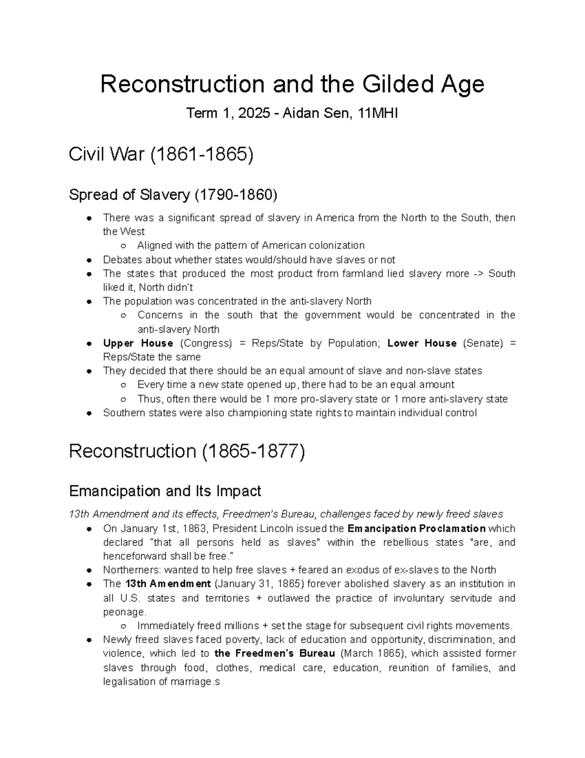 Reconstruction & the Gilded Age: 11MHI Term 1 Study Notes - Studocu