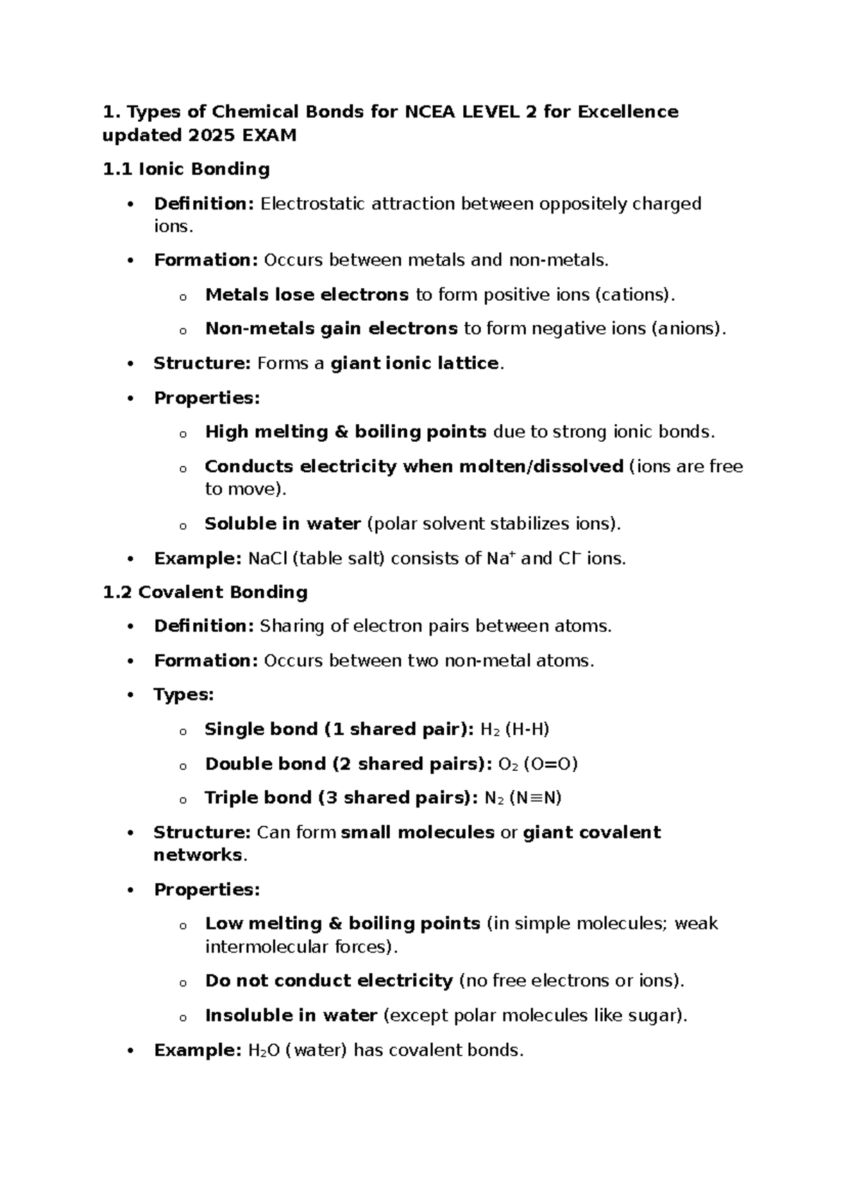 NCEA Level 2 Chemistry: Bonding & Structure Notes for Exam 2025 - Studocu