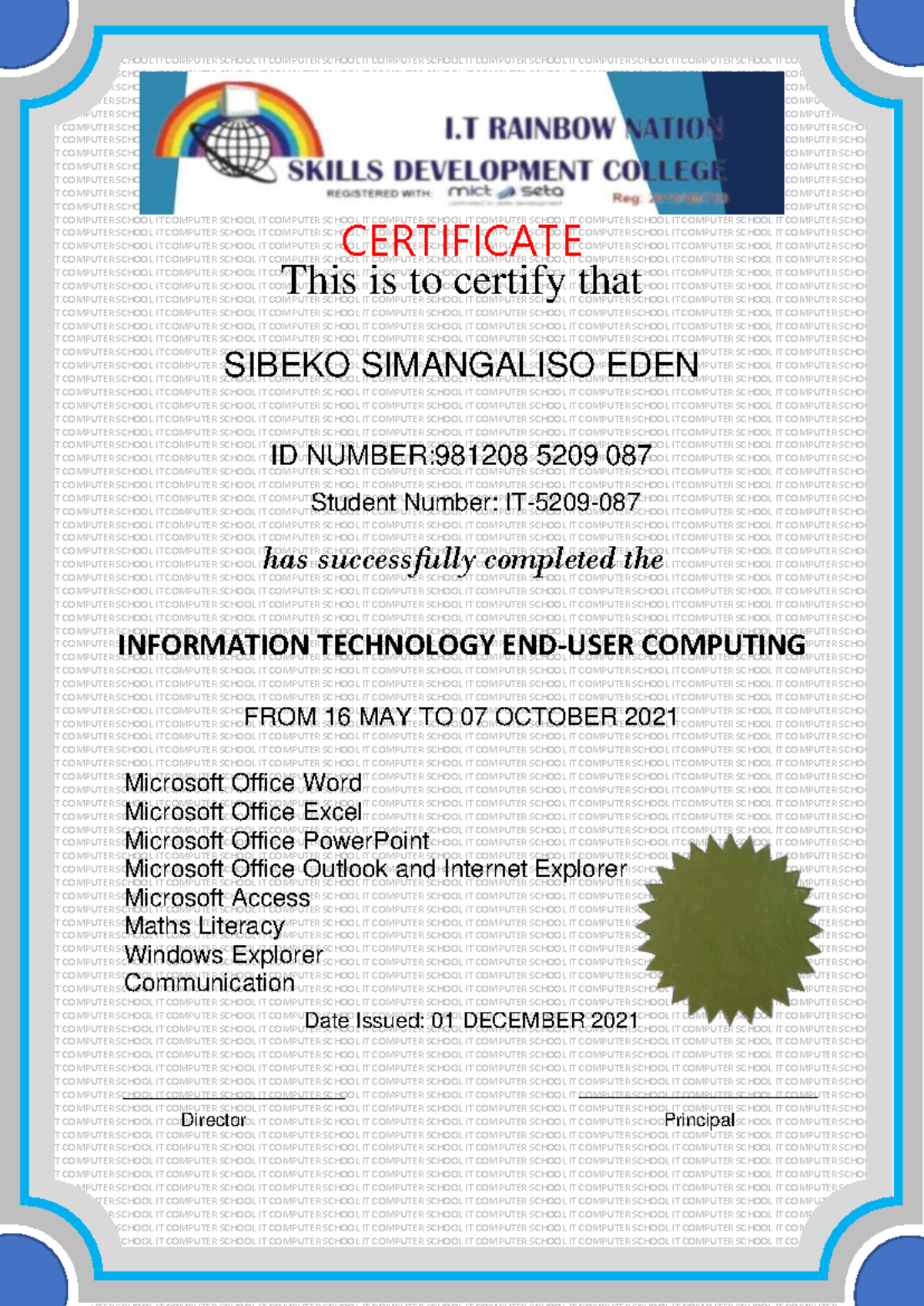 Computer Certificate - Ddd - IT COMPUTER SCHOOL IT COMPUTER SCHOOL IT ...
