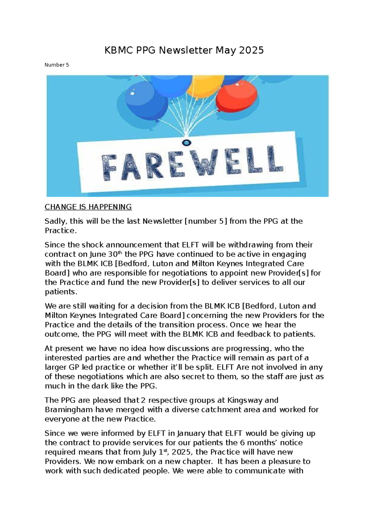 KBMC PPG Newsletter #5 - May 2025: Transitioning to New Providers - Studocu