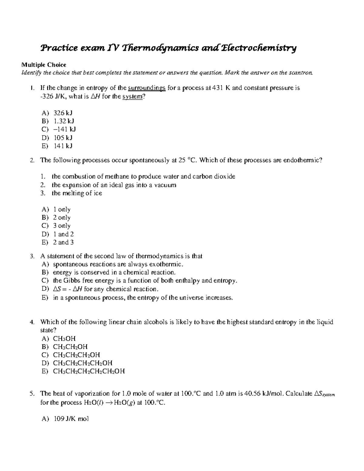 CHEM 122 Practice Exam IV: Thermodynamics & Electrochemistry - Studocu