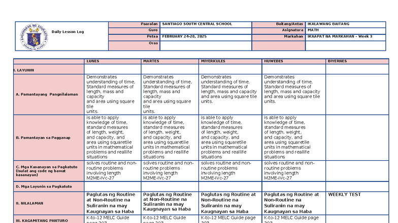 Q4 WEEK 3 Daily Lesson Log for MATH 2 - Understanding Length and Time ...