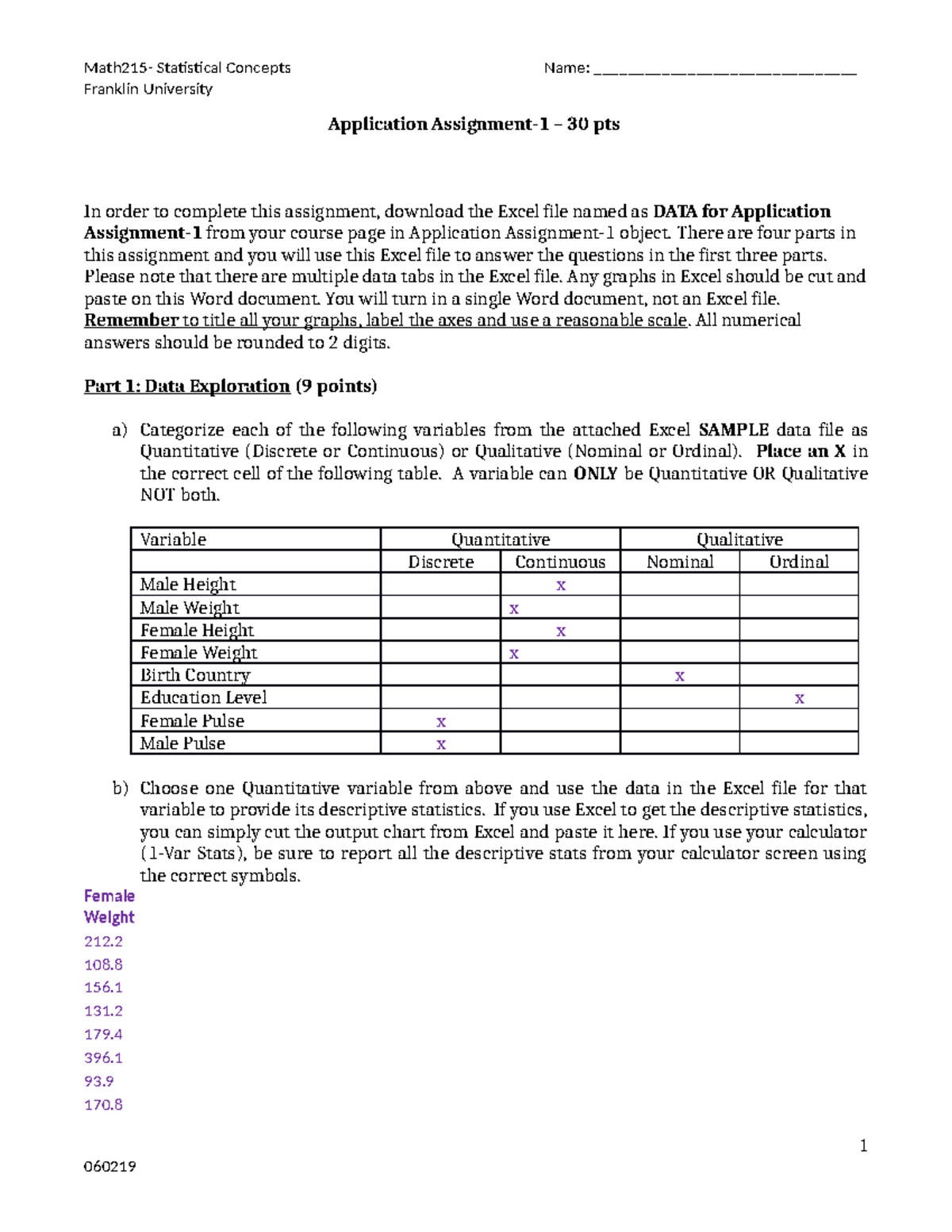 MATH215 Statistical Concepts Application Assignment 1 - Studocu