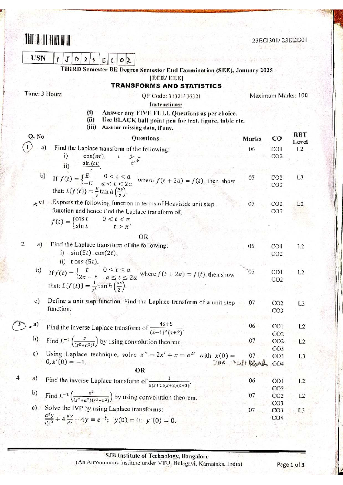 USN 1JB23ECOX Third Sem BE Degree SEE Jan 2025: Transforms & Statistics ...