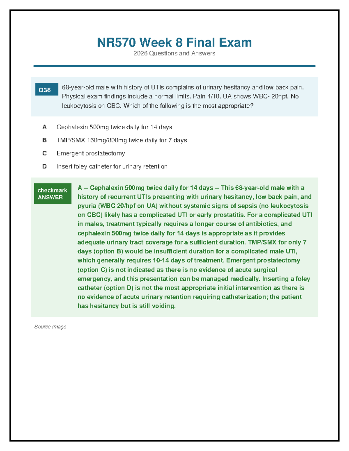 NR570 Week 8 Final Exam Questions & Answers on UTI Management - Studocu