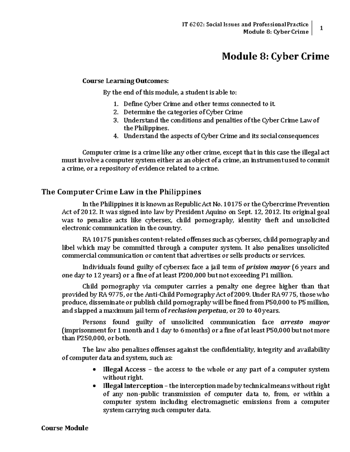 W9 - Cyber Crime - Module 8 Overview and Key Concepts - Studocu