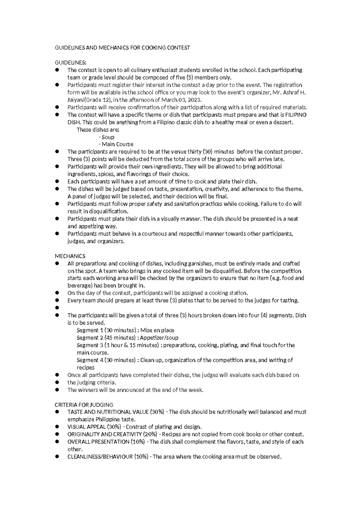 Cooking Contest Guidelines & Mechanics for Students - Studocu