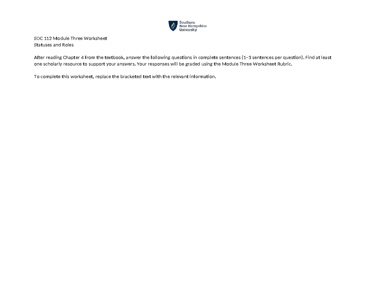 SOC 112 Module 3 Worksheet: Understanding Statuses and Roles - Studocu