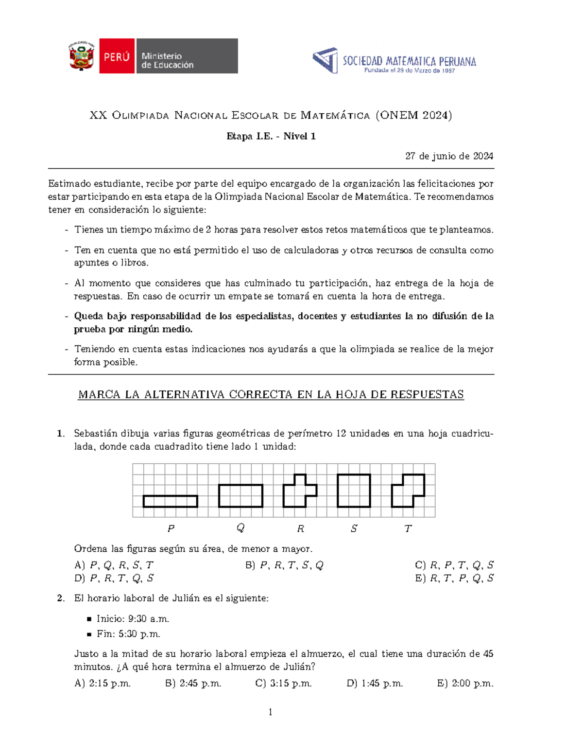 ONEM 2024 - Olimpiada Nacional Escolar de Matemáticas, Etapa I.E. - Studocu