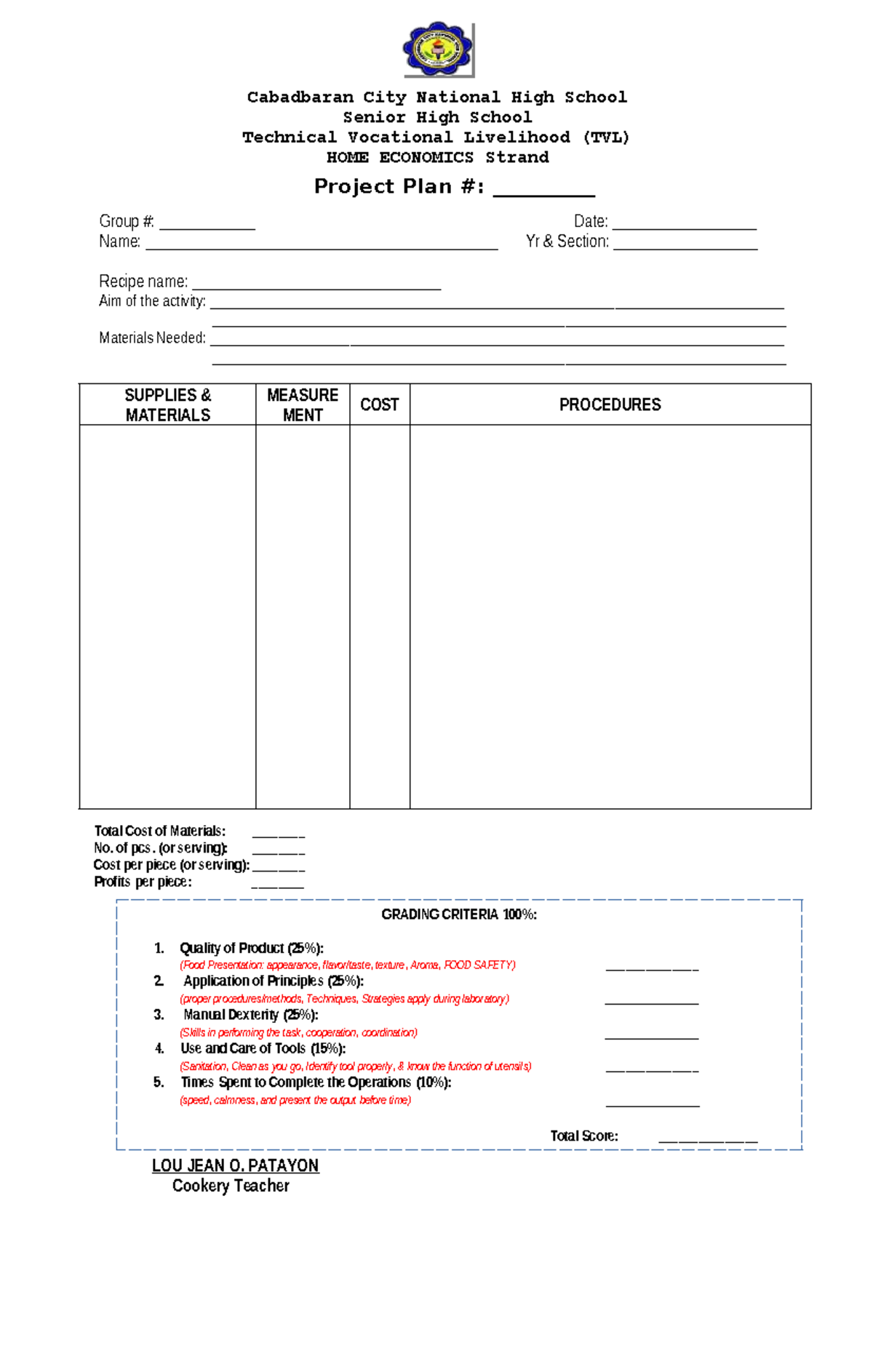 TVL Home Economics Project Plan: Cookery Recipe Compilation - Studocu