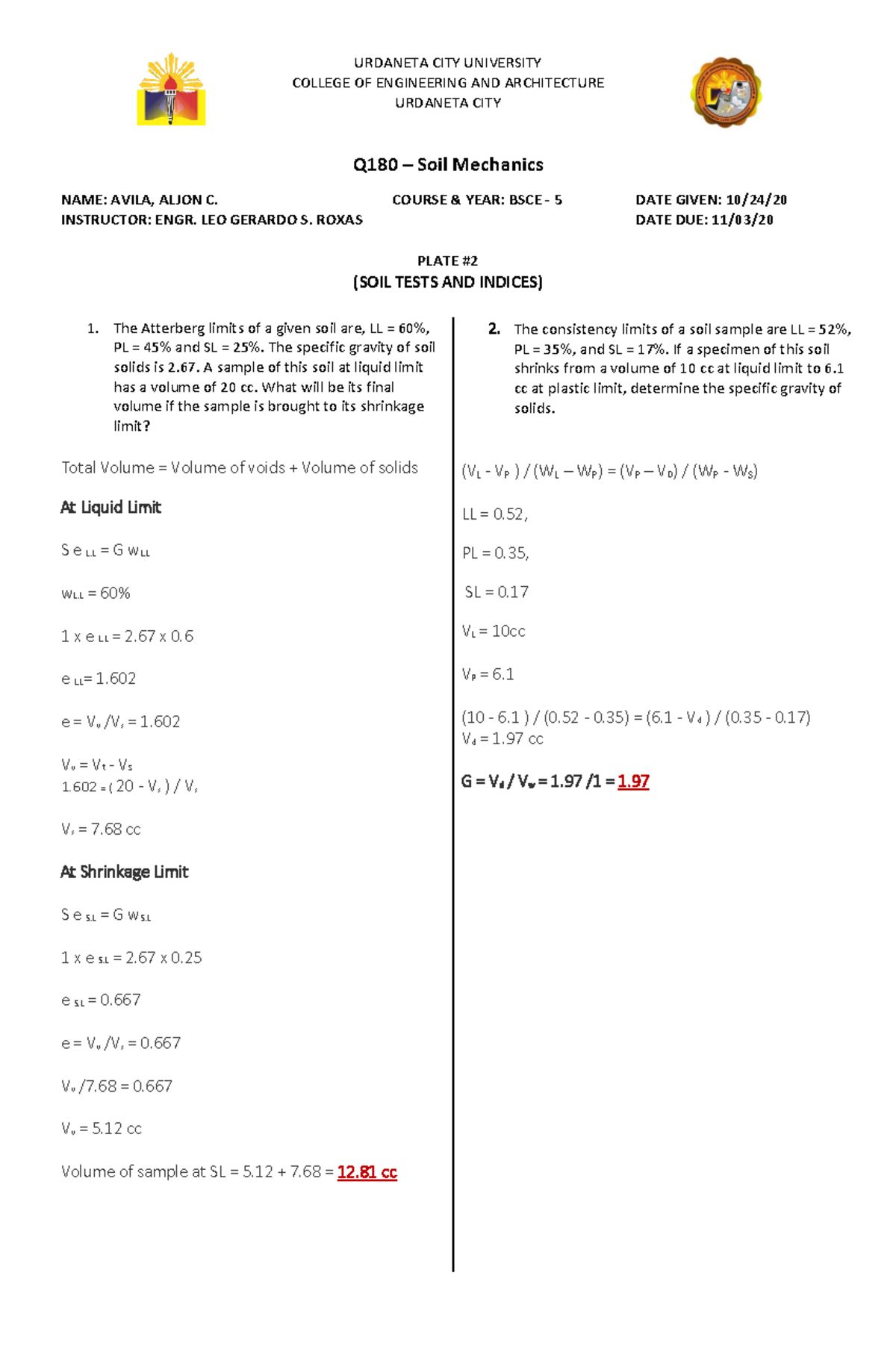 Soil Mechanics (Q180) Final Exam Review: Atterberg Limits & Shrinkage ...