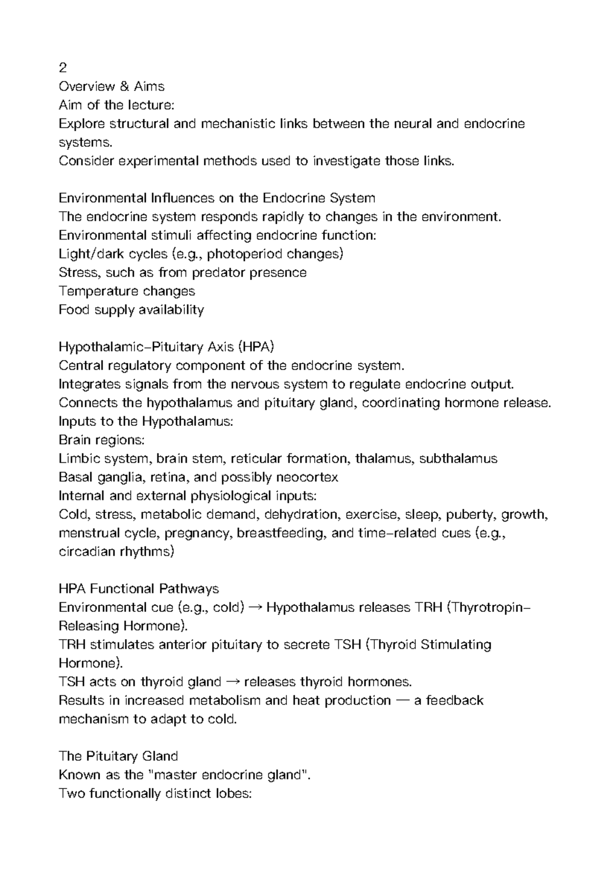Lecture 11: Neural-Endocrine System Links and HPA Axis Overview - Studocu
