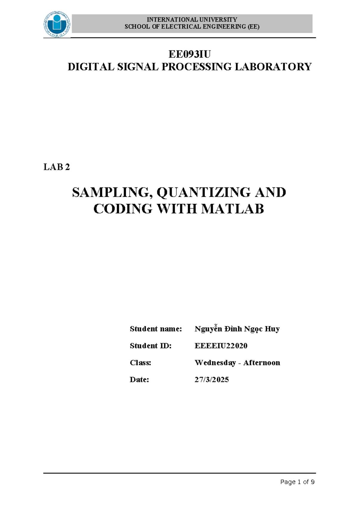 EE093IU Lab 2: MATLAB on Sampling and Quantization Process - Studocu