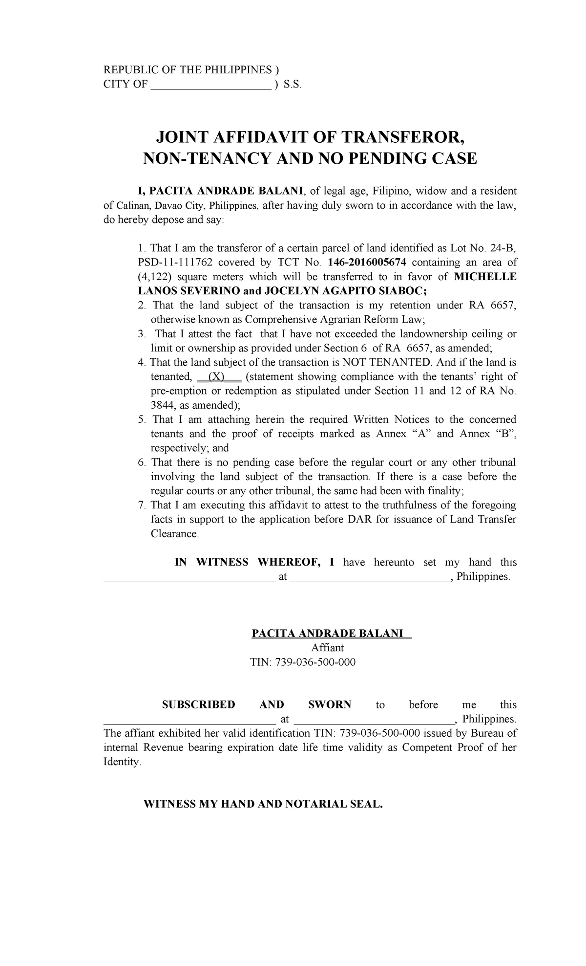 Joint Affidavit of Transferor and Transferee - Lyneth Salarda - Studocu