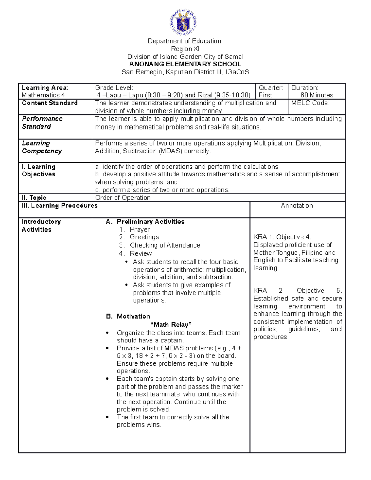 Mathematics 4 Lesson Plan: Order of Operations for First Quarter - Studocu