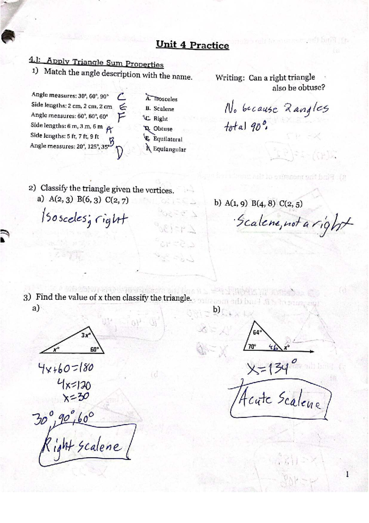 Unit 4 Practice 4.1: Triangle Sum Properties and Congruence Analysis ...