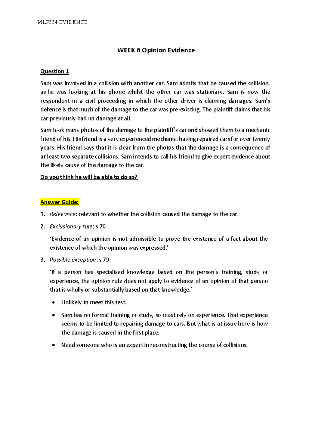 MLP334 EVIDENCE Notes: Week 6 - Opinion Evidence Analysis - Studocu