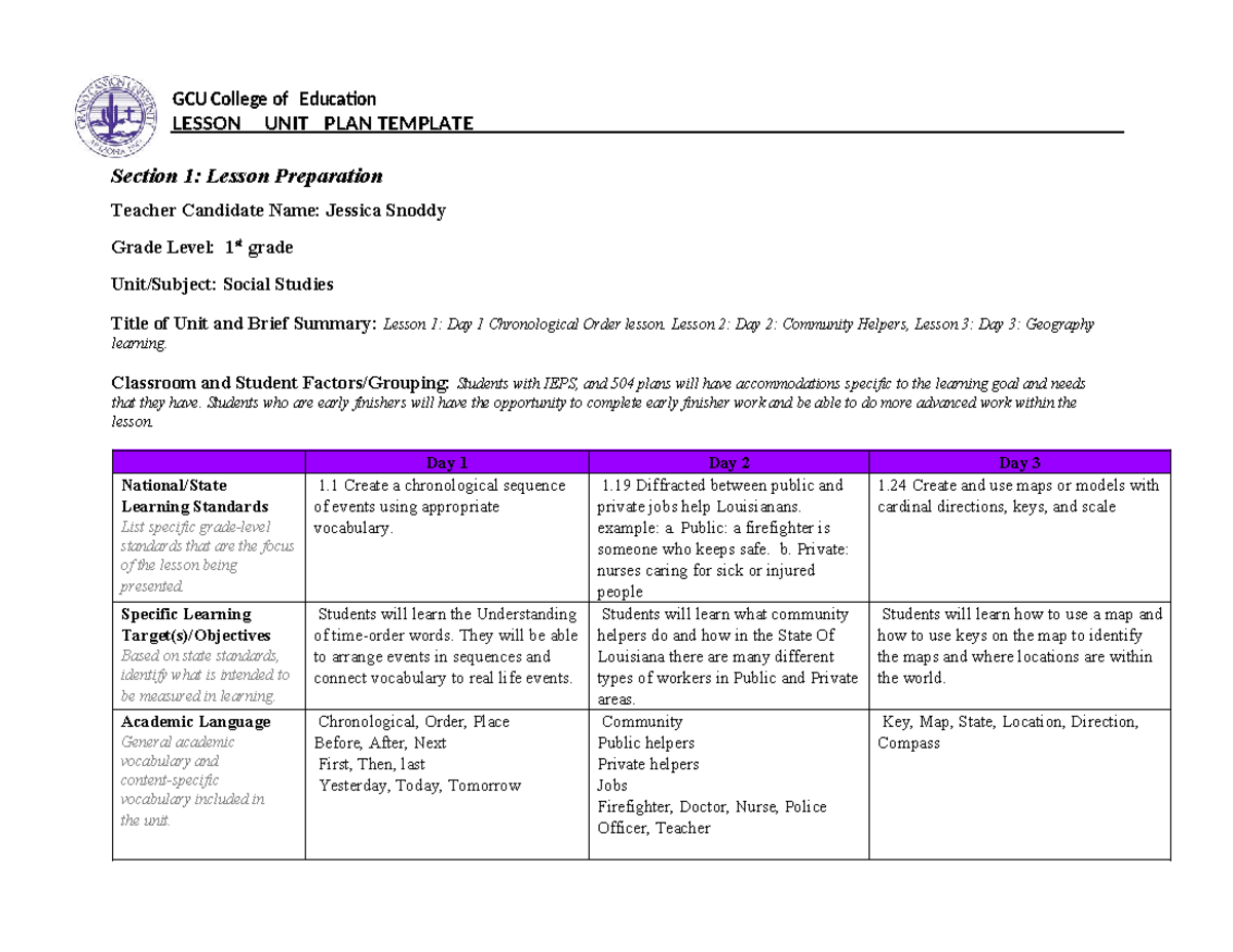GCU College of Education 3-Day Social Studies Unit Plan Template - Studocu