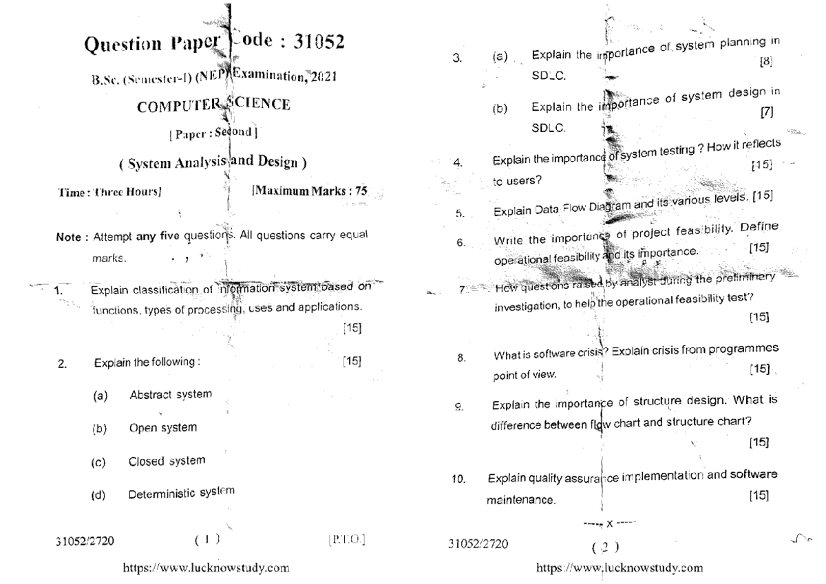 B.Sc. 1st Sem CS System Analysis & Design Exam Paper 31052 - Studocu
