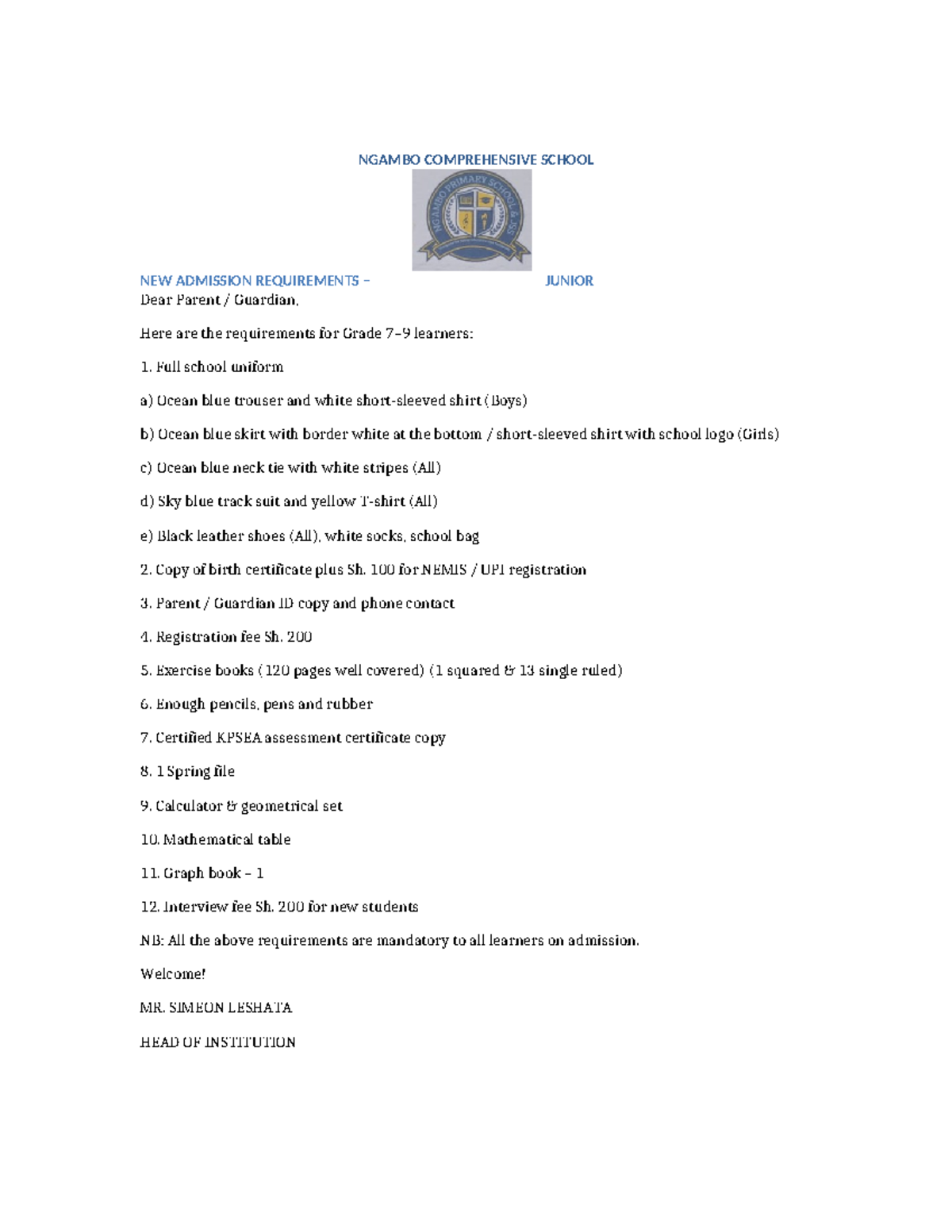NGAMBO JUNIOR SCHOOL ADMISSION REQUIREMENTS 2023 - Studocu