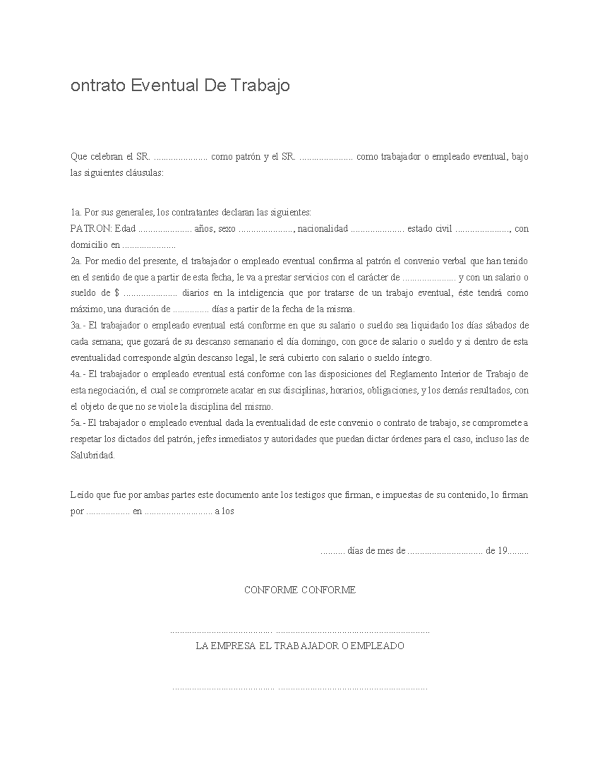 Contrato Eventual De Trabajo - ...................... como patrón y el ...
