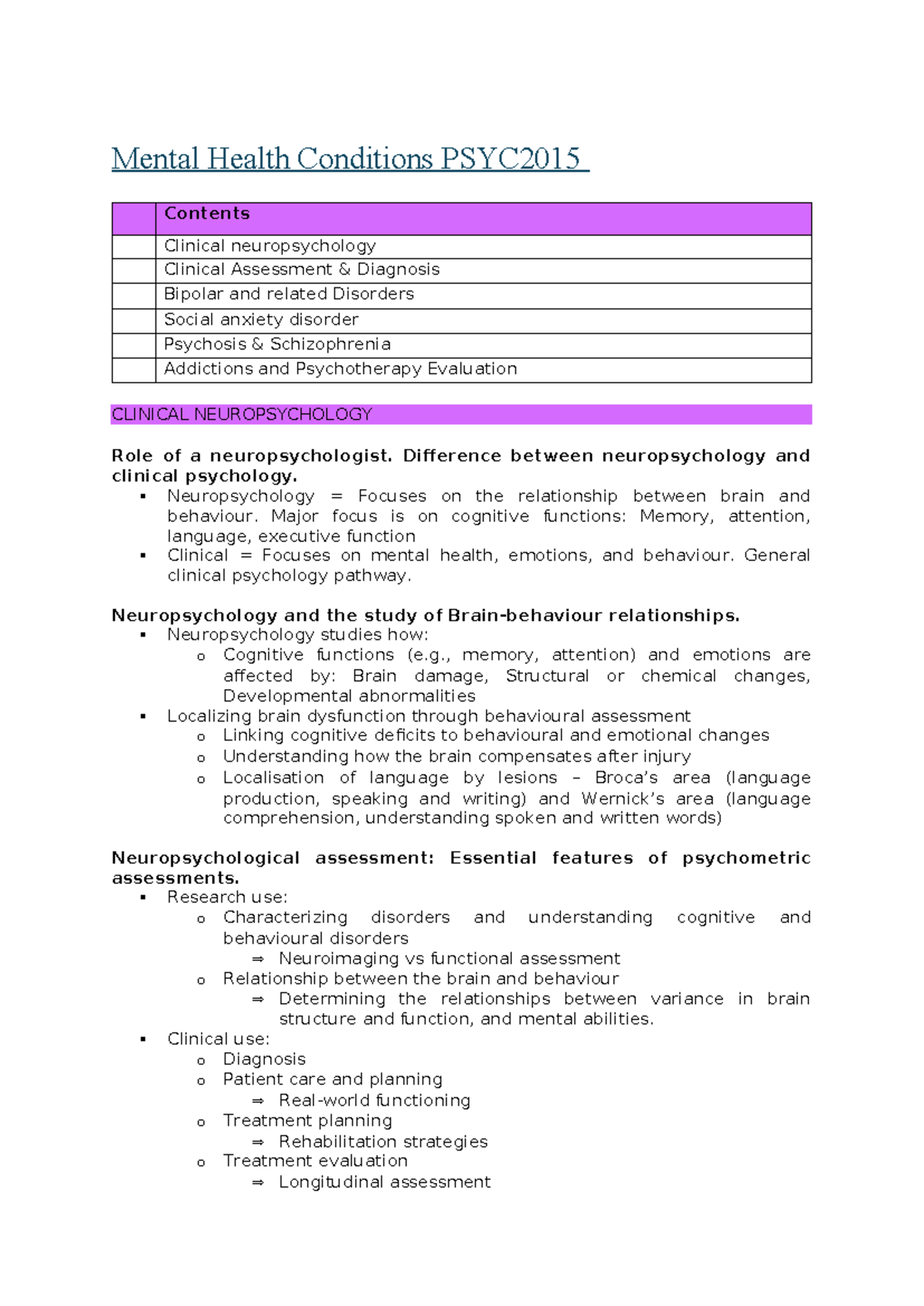 Mental Health Conditions Overview: PSYC2015 Clinical Neuropsychology ...