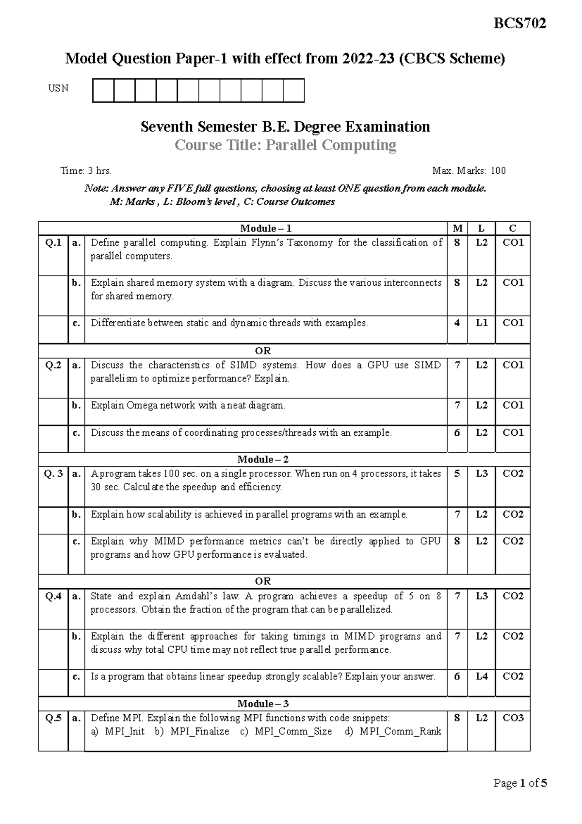 BCS702 Model Questions for Parallel Computing - 7th Sem B.E. Exam - Studocu