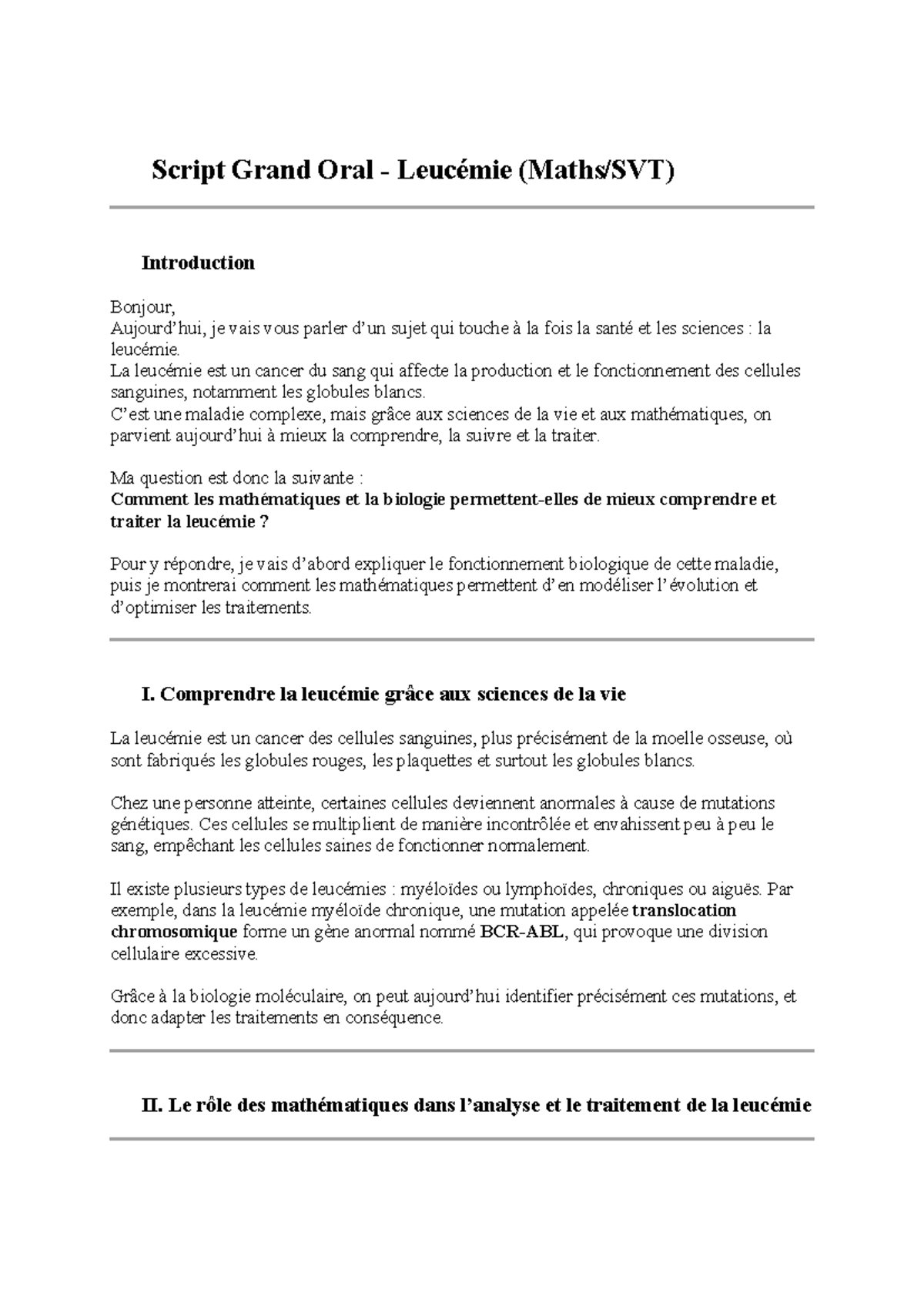 GOMaths SVT - Grand Oral sur la Leucémie et son Modélisation - Studocu
