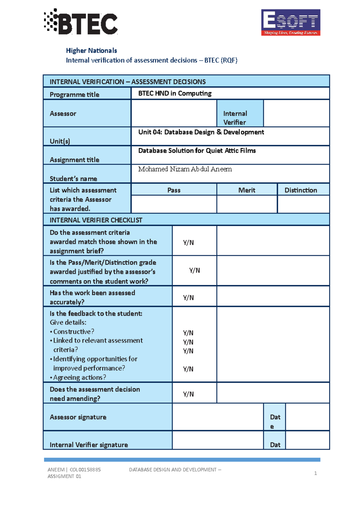 HND-COM Unit 04: Database Design & Development Assignment 01 - Studocu