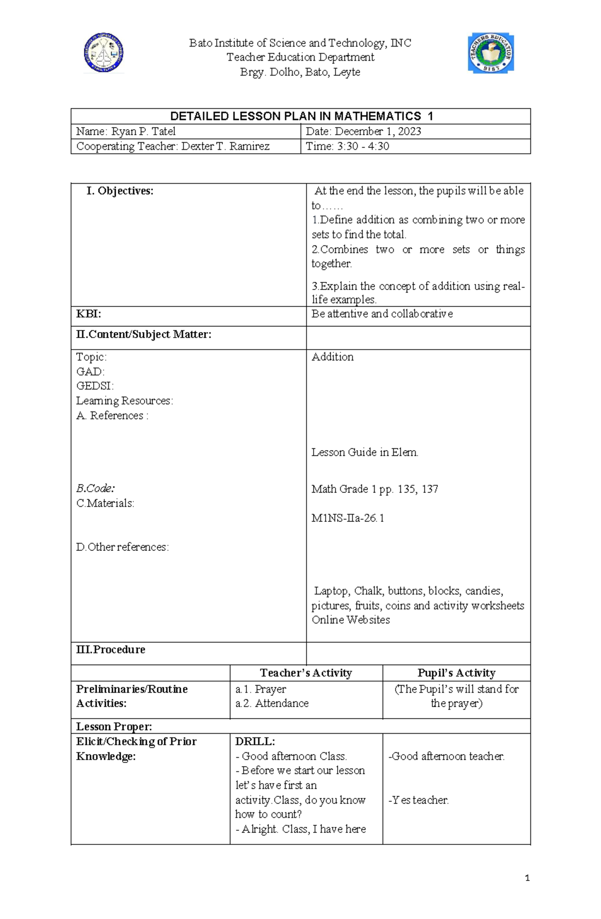 DLP MATH 1: Detailed Lesson Plan on Addition for Grade 1 - Studocu
