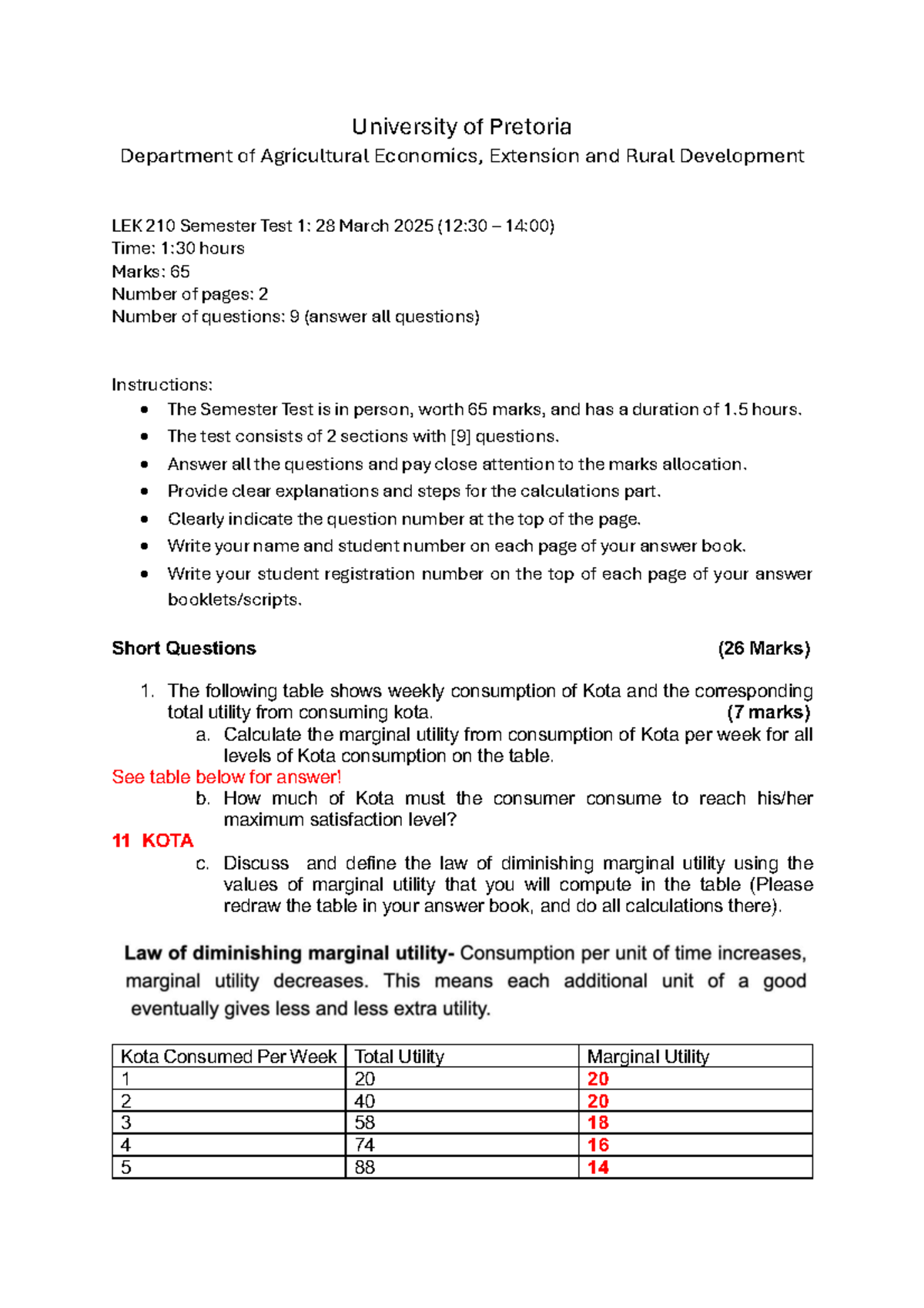 LEK 210 Semester Test 1: Agricultural Economics Insights (28 March 2025 ...