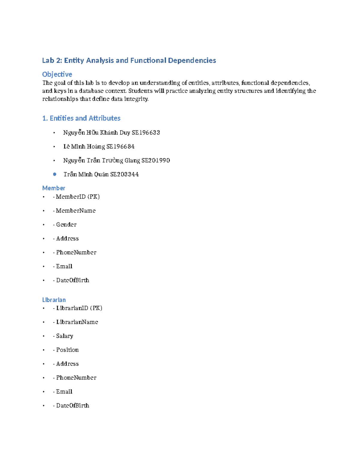 Lab 2: Entity Analysis & Functional Dependencies Overview - Studocu