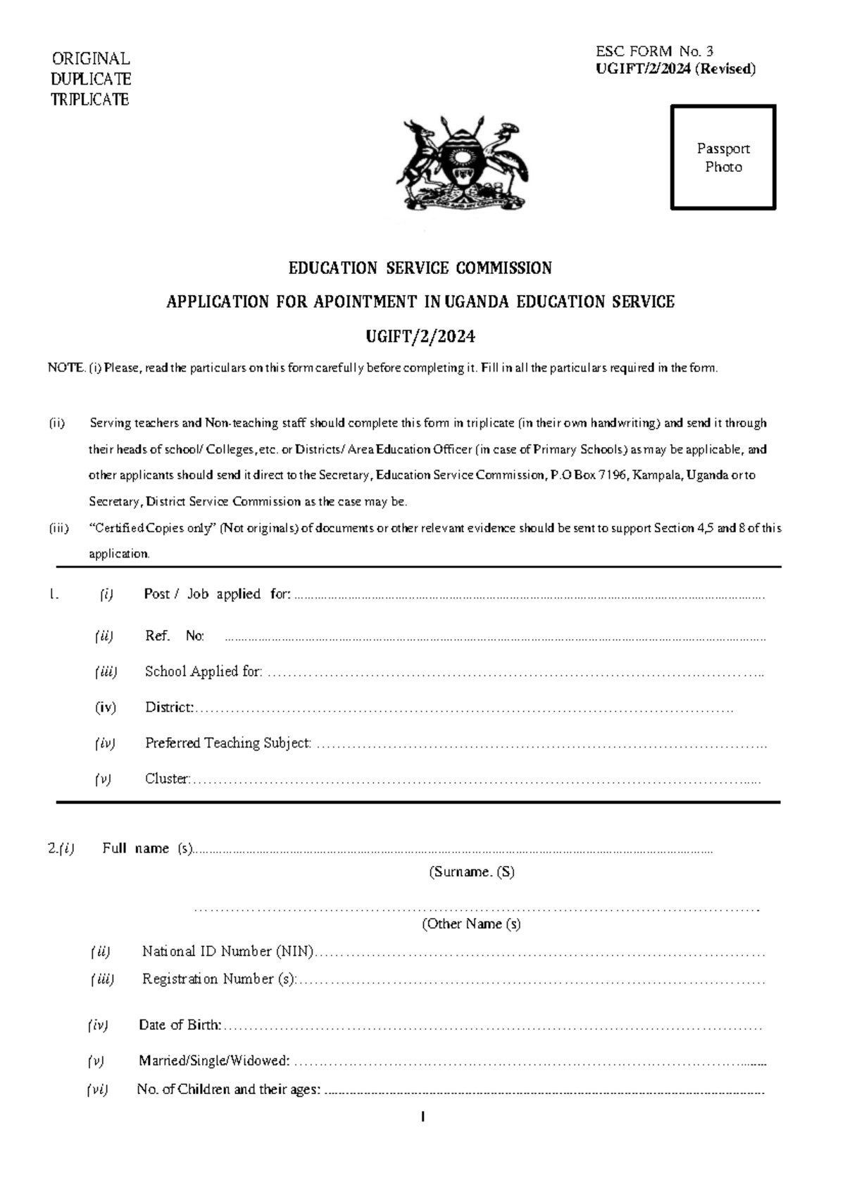 ESC FORM No. 3: Application for Appointment in Uganda Education Service ...