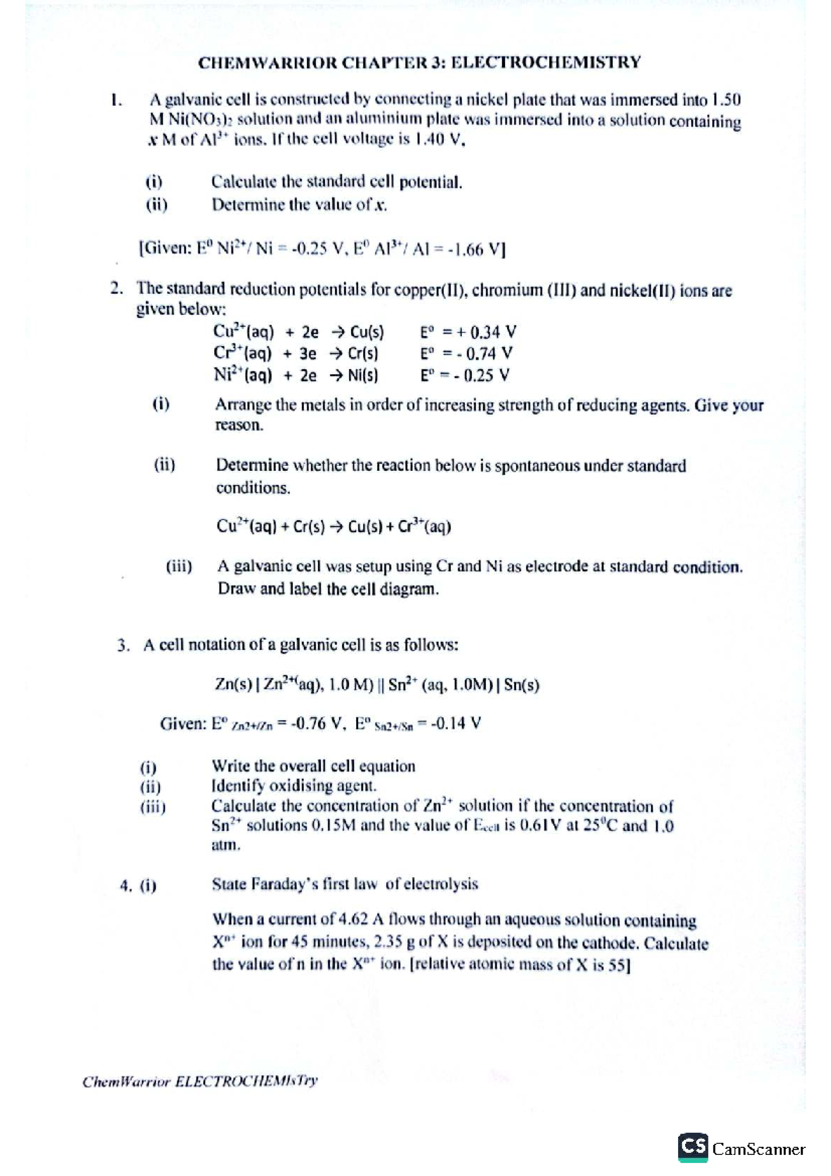 CHEMWARRIOR CHAPTER 3: ELECTROCHEMISTRY QUESTIONS & SOLUTIONS - Studocu