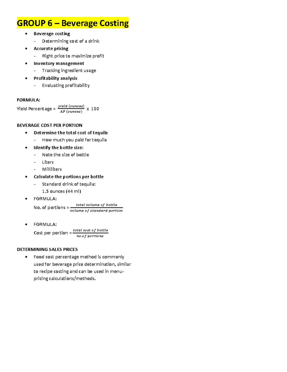 CC - Beverage Costing Analysis and Control Techniques - Studocu