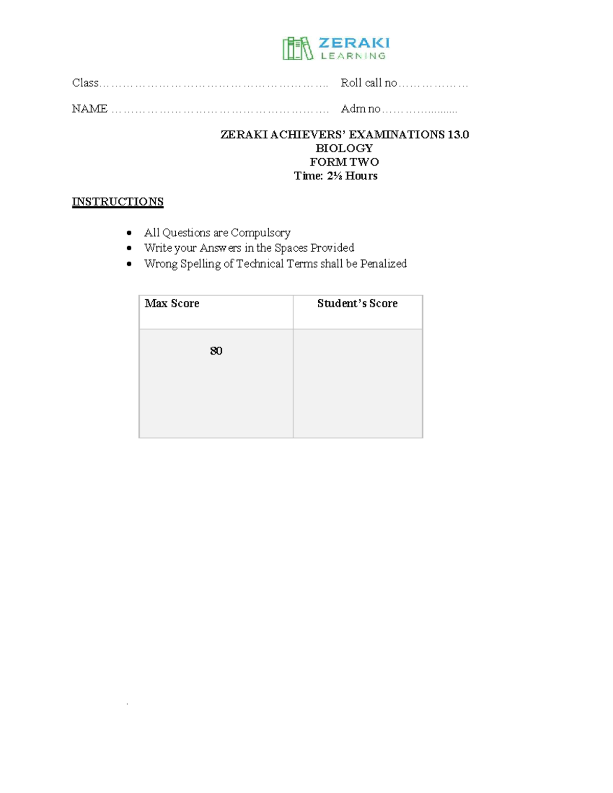 Biology 13.0 Form Two Exam Questions and Instructions - Studocu