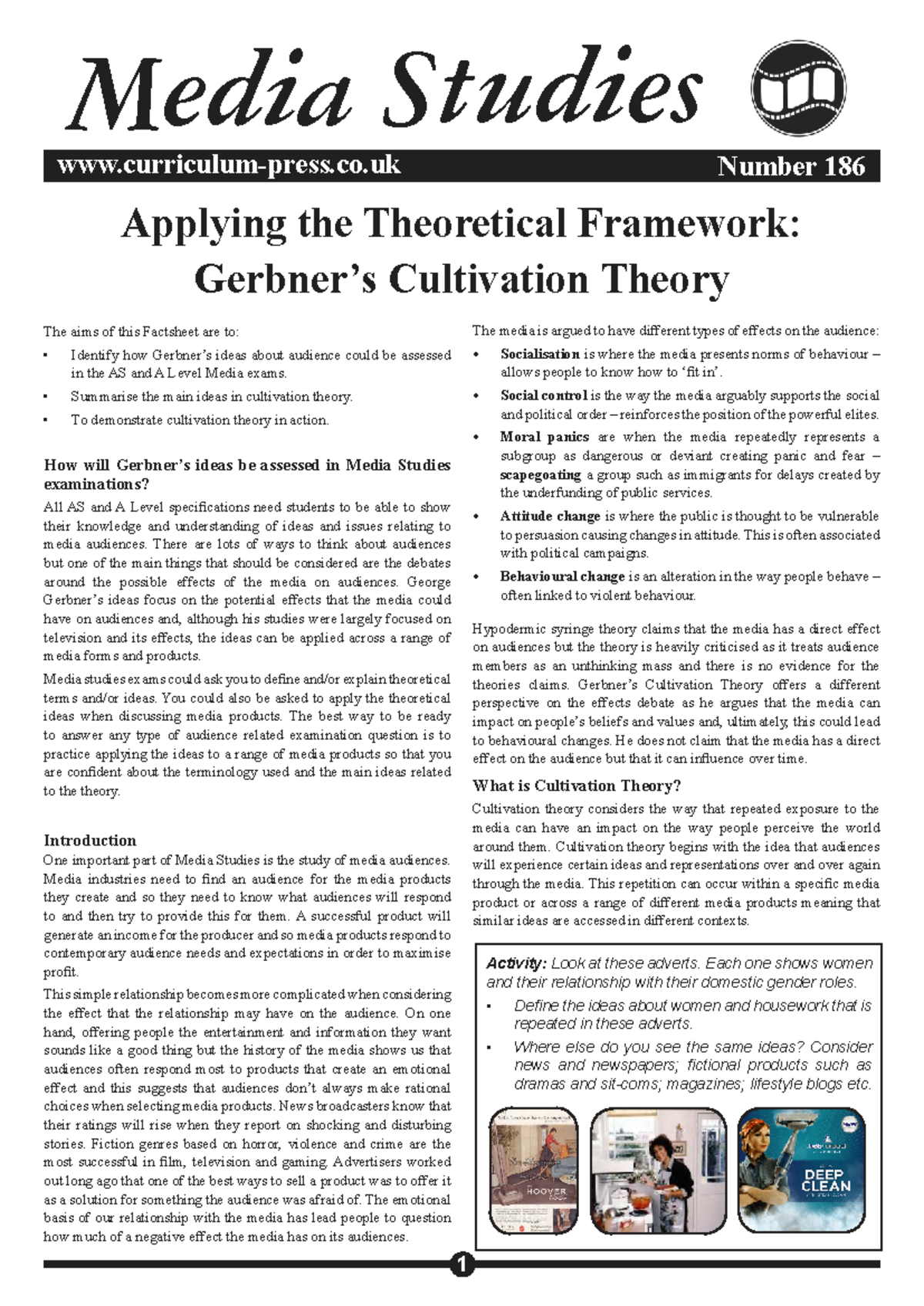 Media Studies 186: Cultivation Theory and Audience Effects Factsheet ...