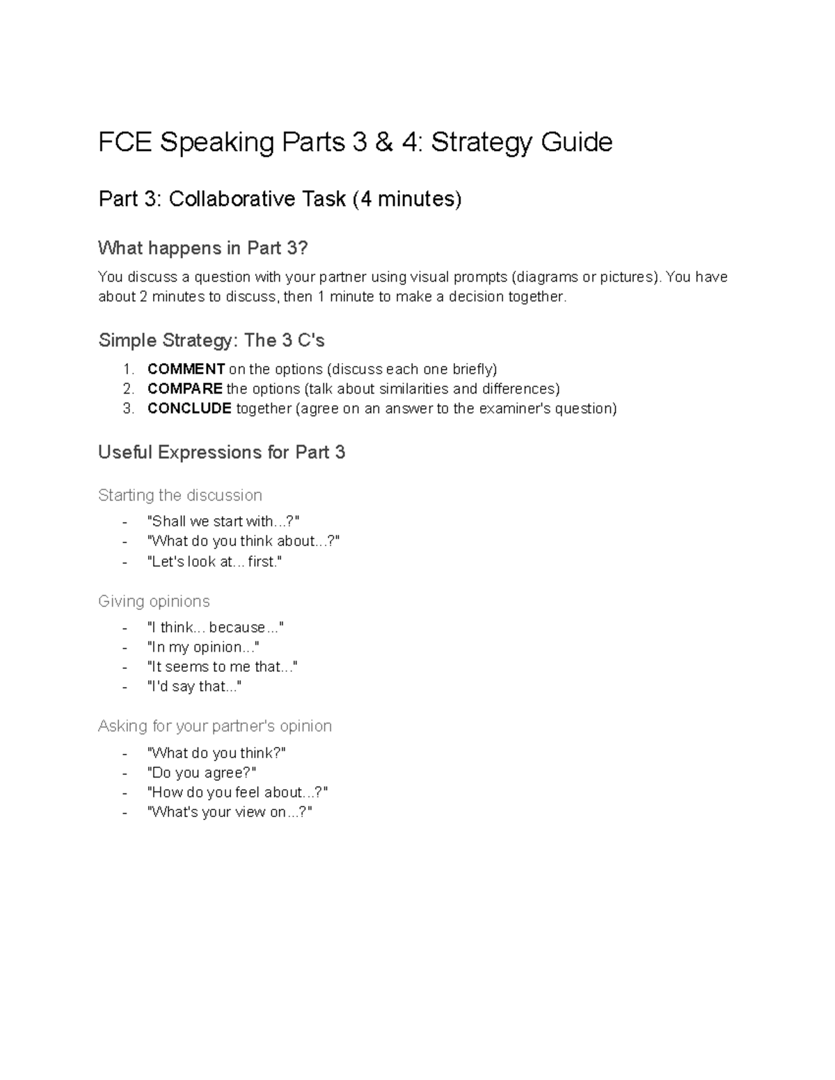 FCE Speaking Parts 3 & 4: Collaborative Task Strategy Guide - Studocu