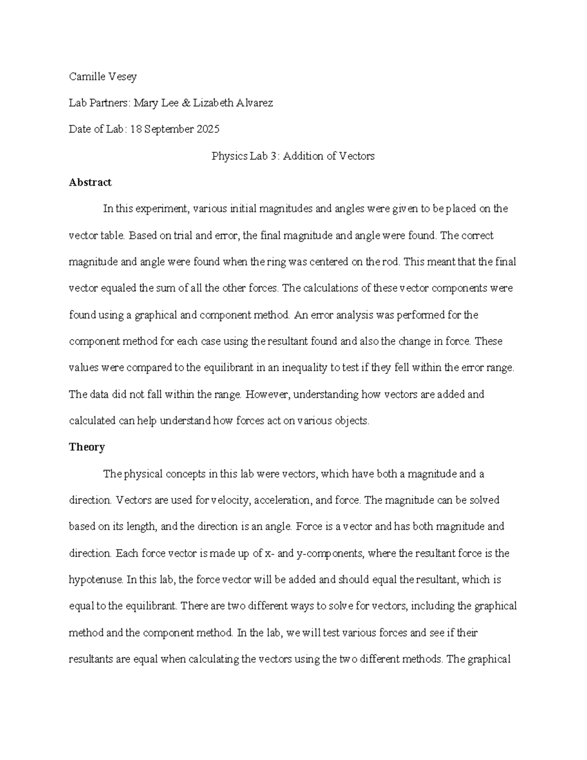 Physics Lab 3: Addition of Vectors - Lab Report by Vesey - Studocu