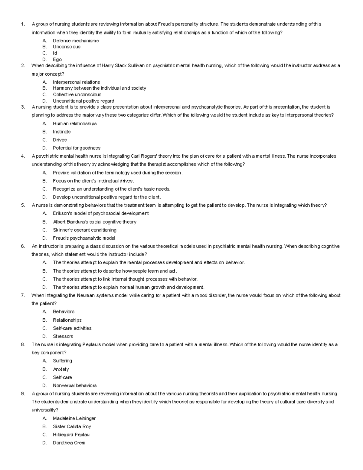 Week 3 NCLEX Practice Questions: Psychiatric Nursing Theories and ...