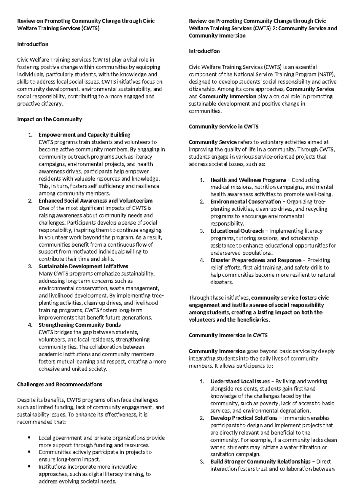 CWTS 2: Review of Community Change through Civic Welfare Training ...