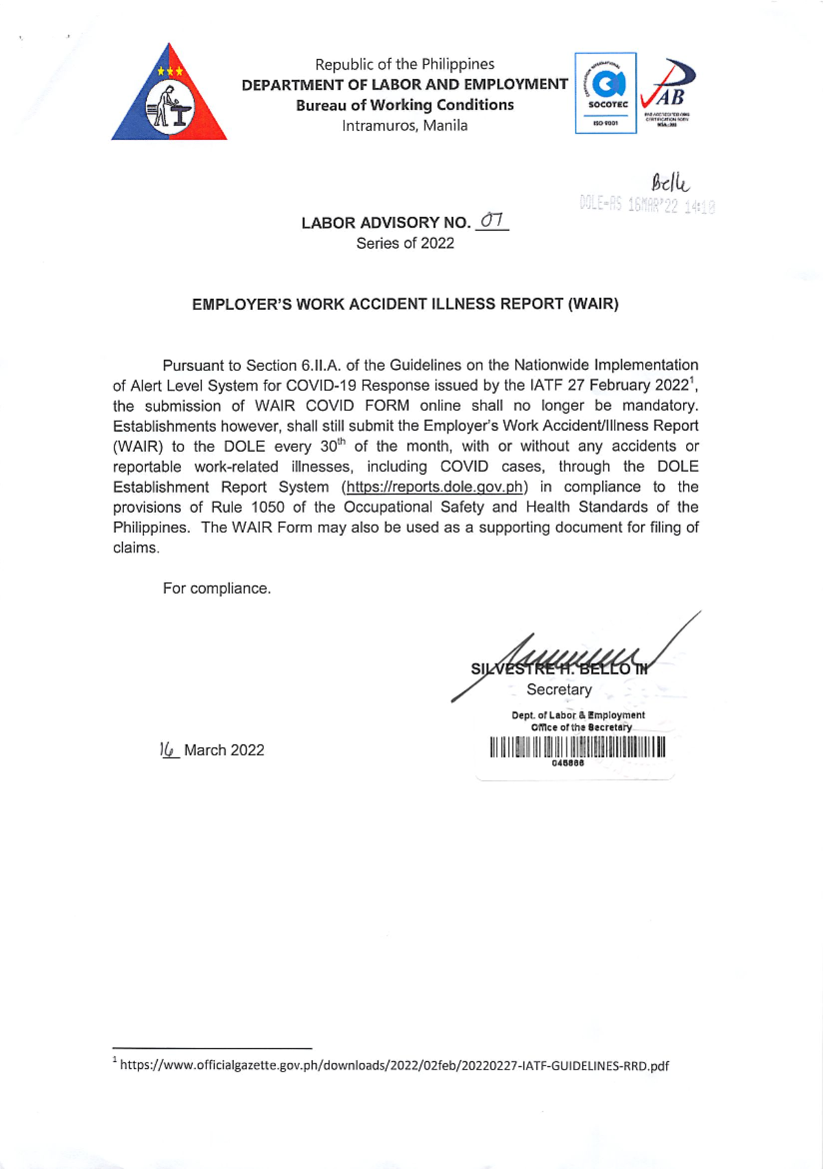 WAIR Submission Guidelines and Reporting Requirements - DOLE ERS - Studocu