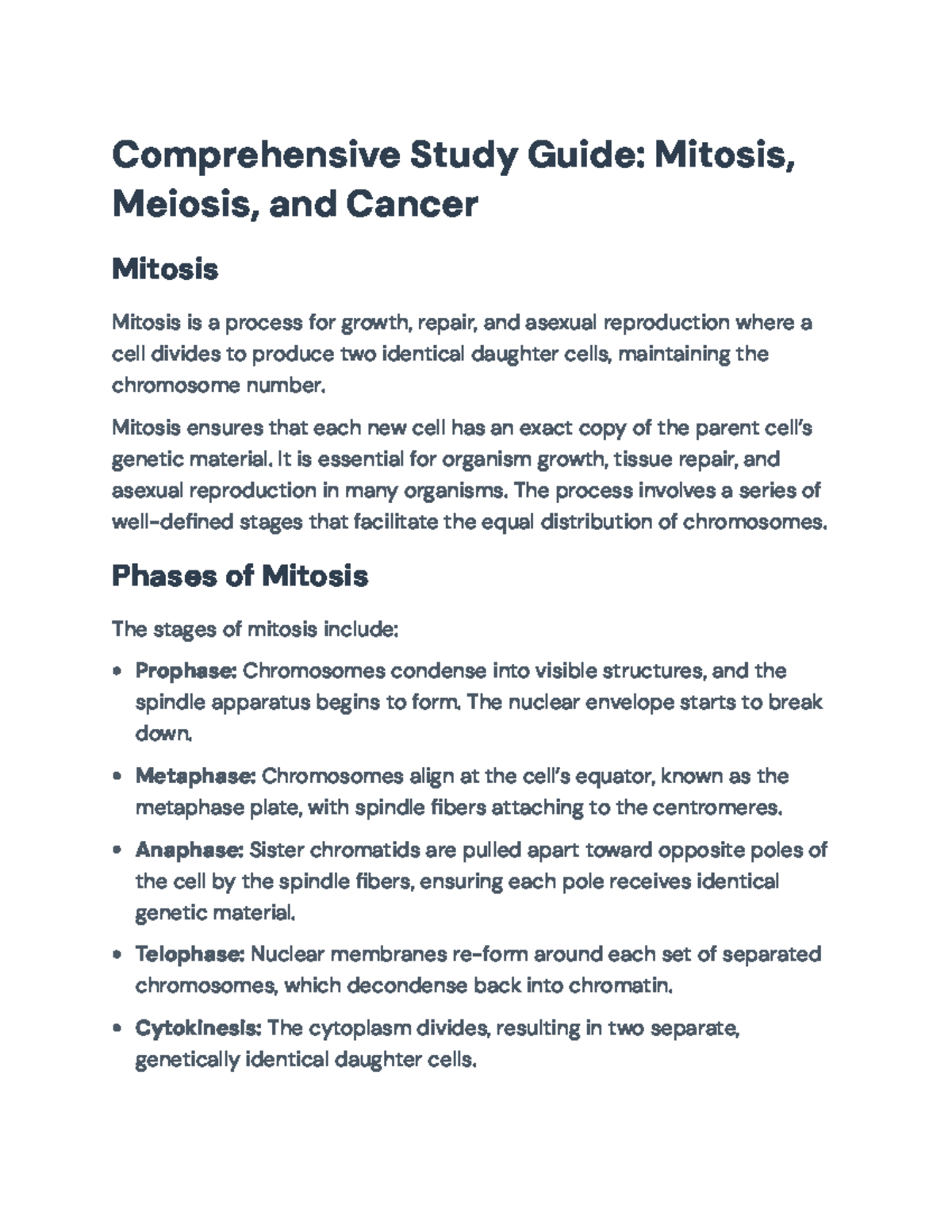 Comprehensive Study Guide: Mitosis, Meiosis, & Cancer Concepts (BIO101 ...