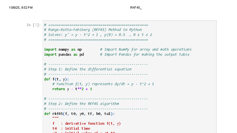 RKF45 Method in Python: Solving Differential Equations (RKF45) - Studocu