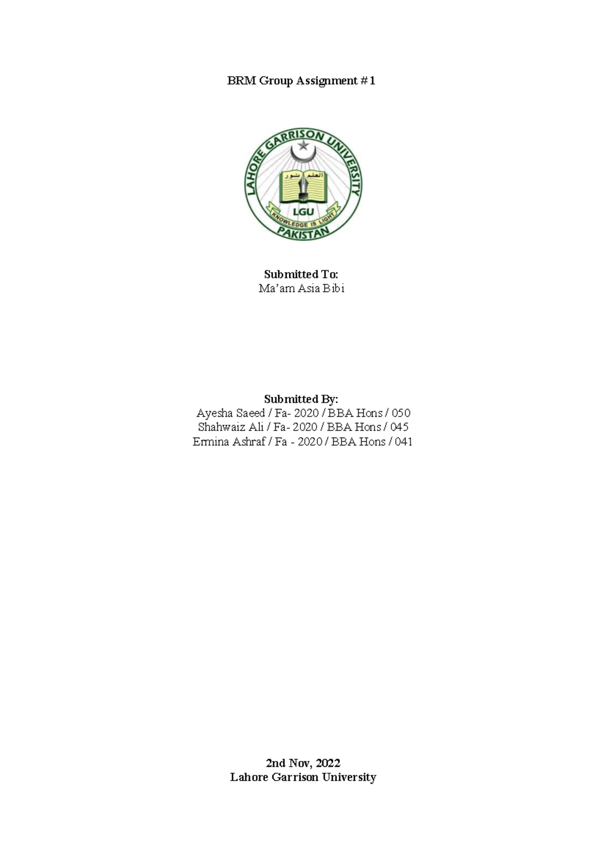 BRM Framework - human resource management - BRM Group Assignment # 1 ...