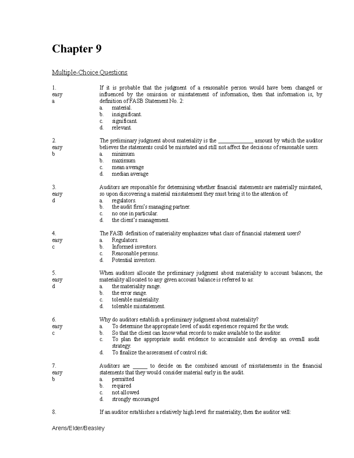 Chapter-09 - Chapter 9 Materiality Multiple-Choice Questions - Chapter ...