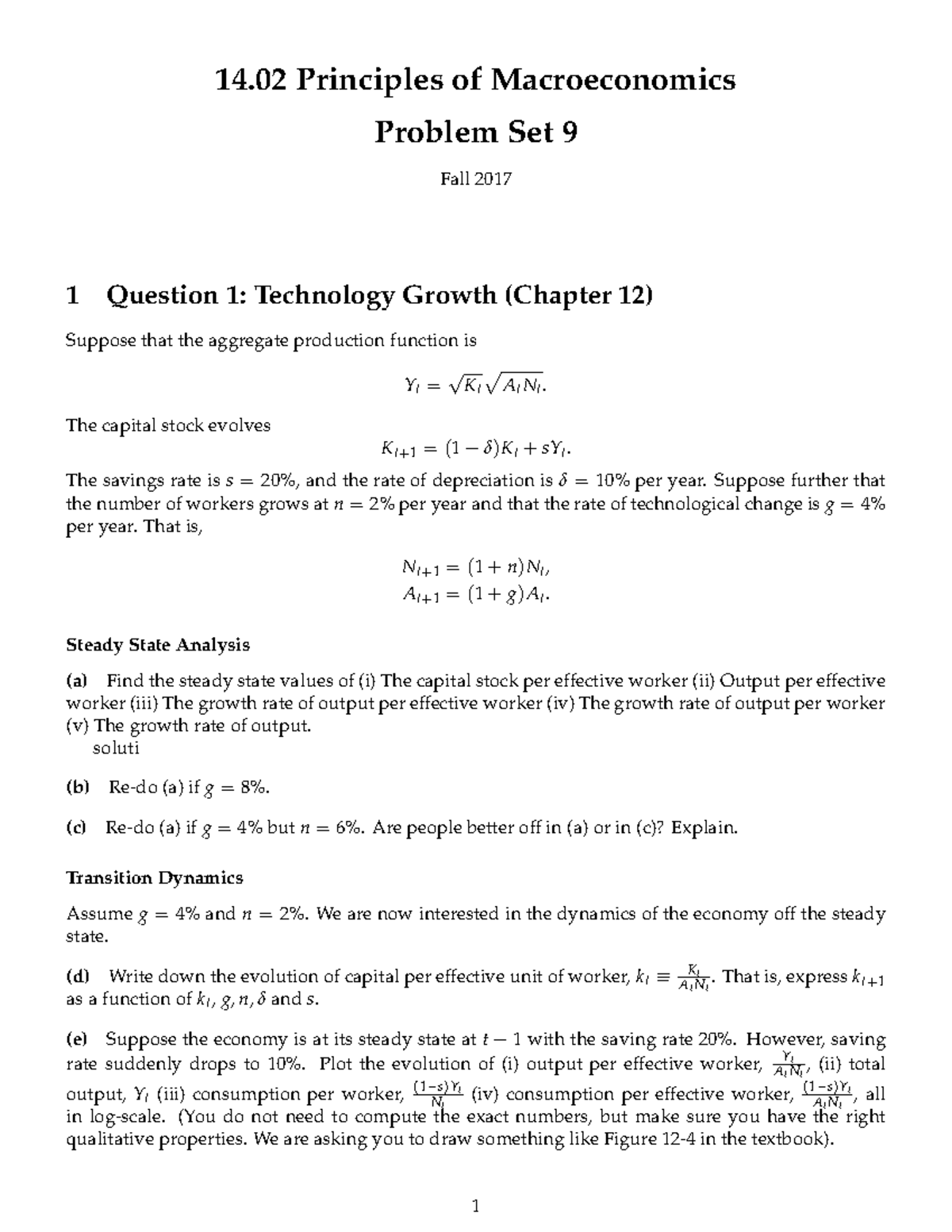 Problem Set 9 Questions - 14 Principles of Macroeconomics Problem Set 9 ...