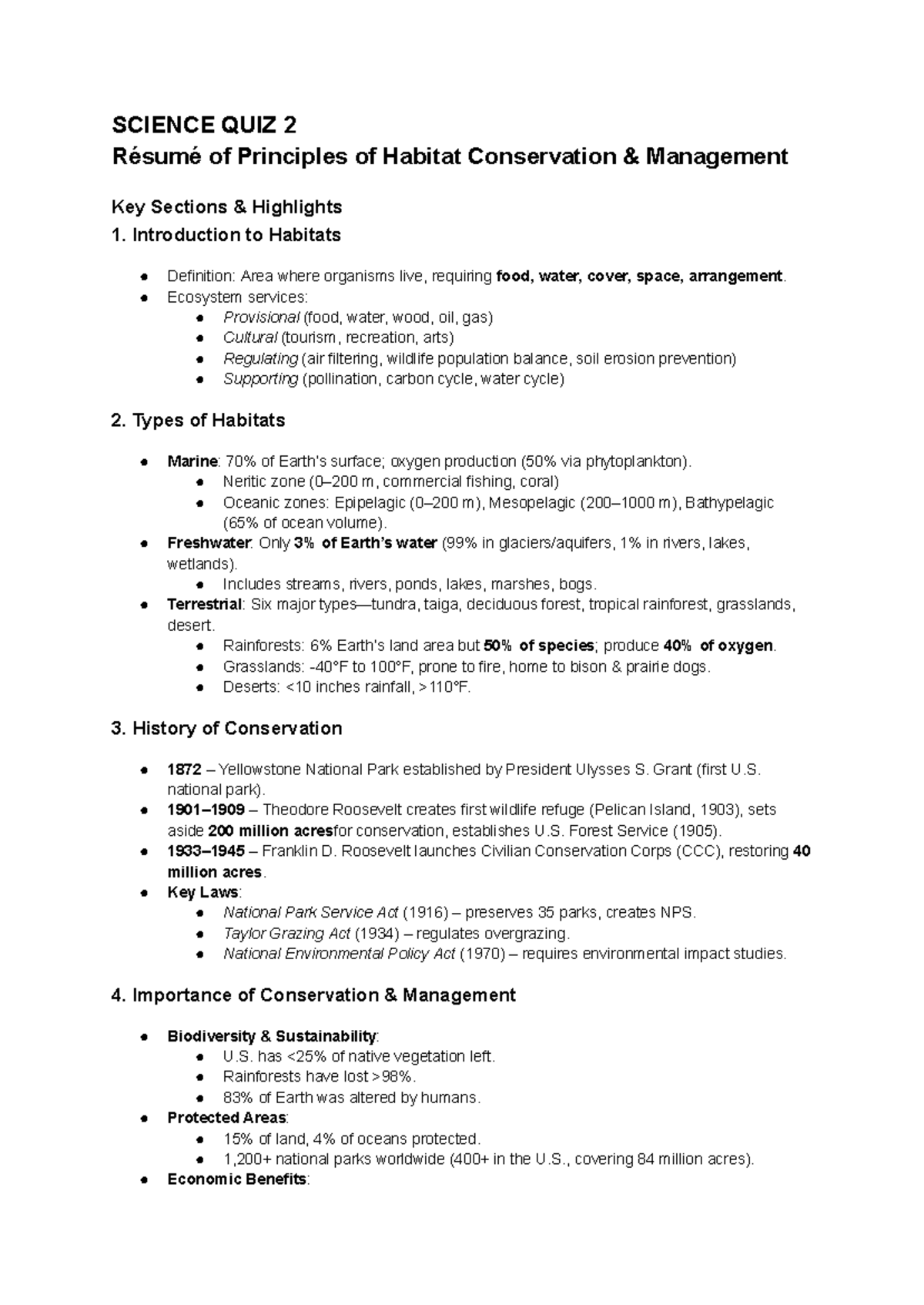 SCIENCE QUIZ 2: Principles of Habitat Conservation Management Overview ...